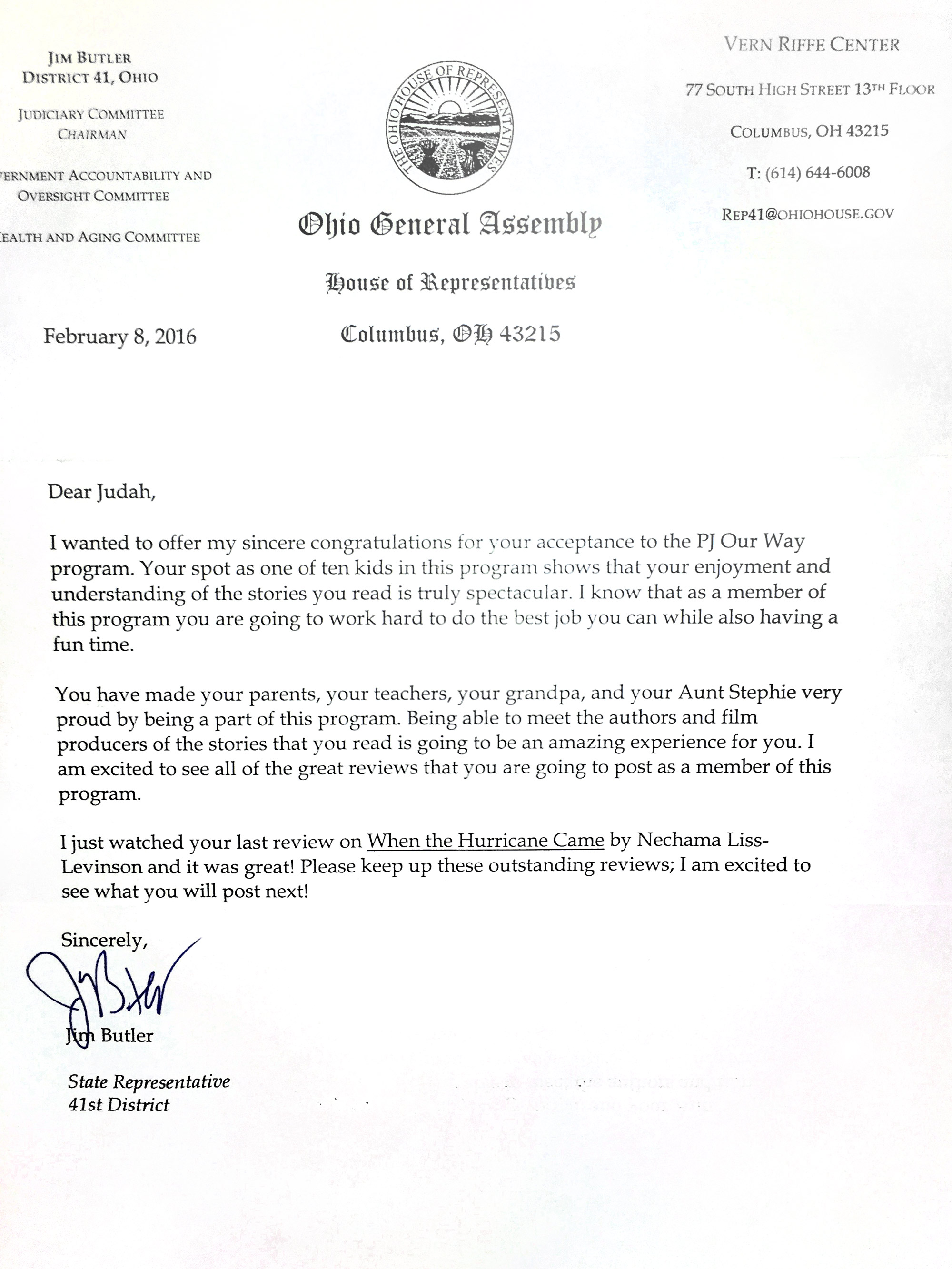 PJ Our Way - Judah gets a letter from his local congressman!